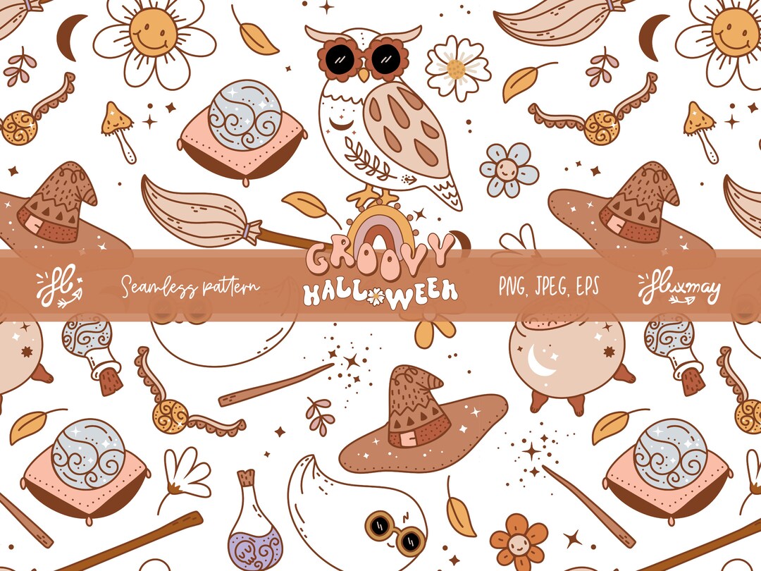 Groovy Retro Halloween Seamless Pattern. Cute Wizard Digital Paper - Etsy
