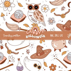 Groovy Retro Halloween Seamless Pattern. Cute Wizard Digital Paper - Etsy
