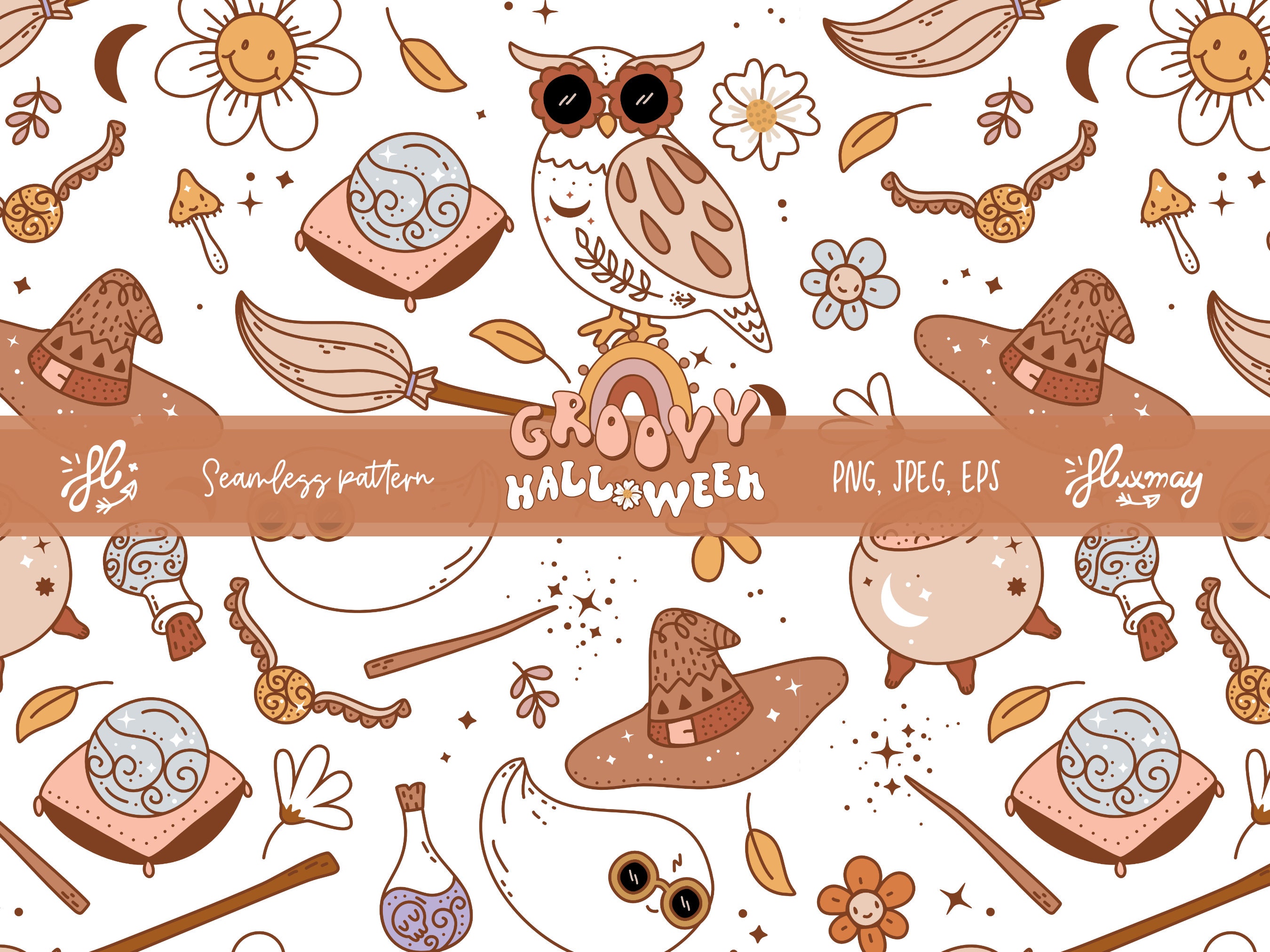 Groovy Retro Halloween Seamless Pattern. Cute Wizard Digital - Etsy