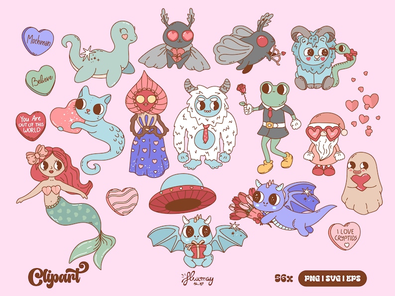 Cute Cryptids on Valentine's Day Clipart Bundle: Kawaii Romantic ...