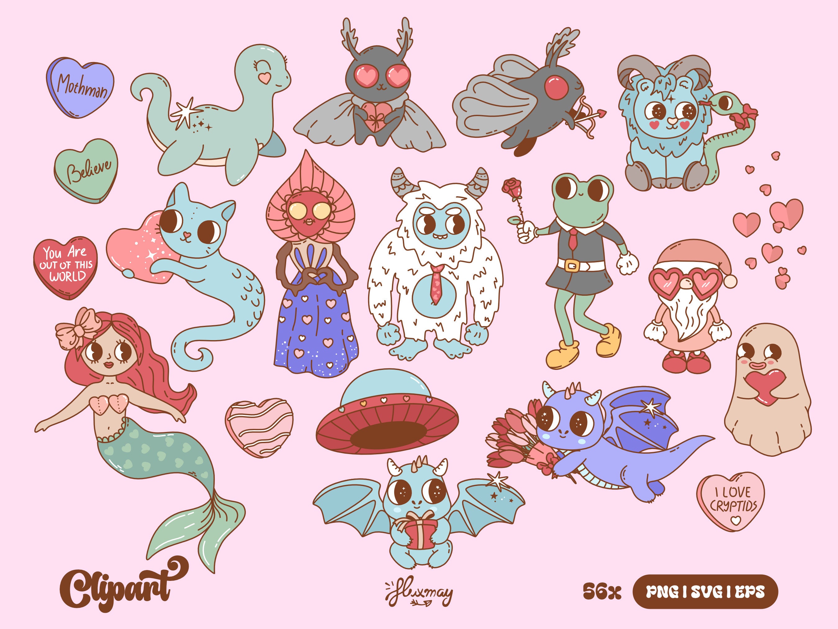 Cute Valentine's Day Cryptids Clipart Bundle, Romantic Groovy Retro ...
