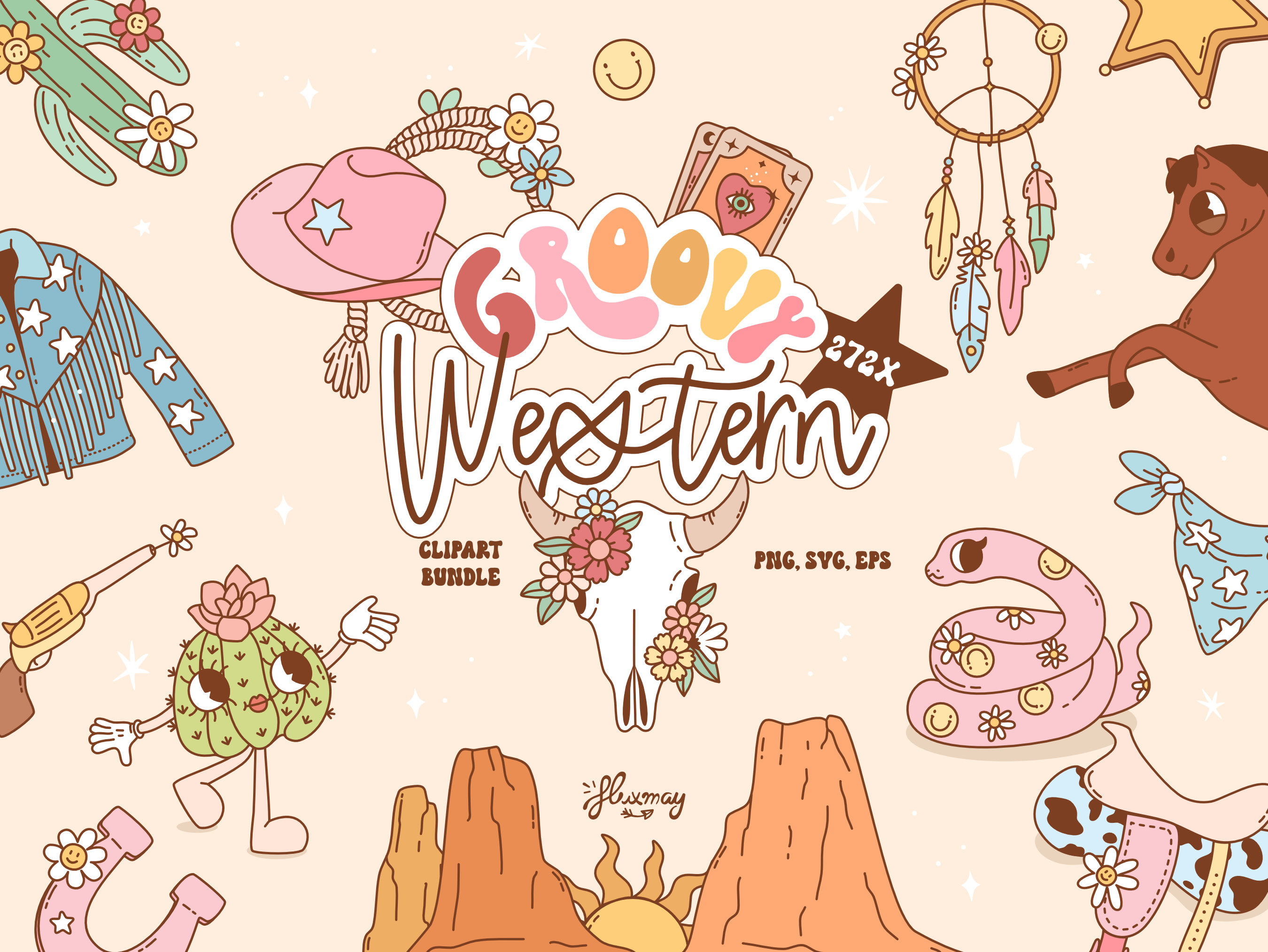 Groovy Western Retro Clipart Bundle, Positive Vibes Vector Set, Cowboys ...