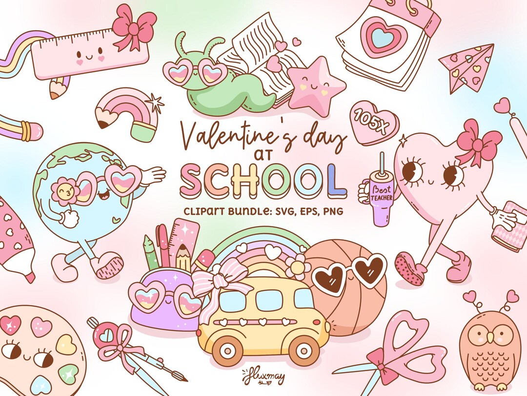 School Valentine Clipart Bundle | School Supplies Valentine's Day for ...