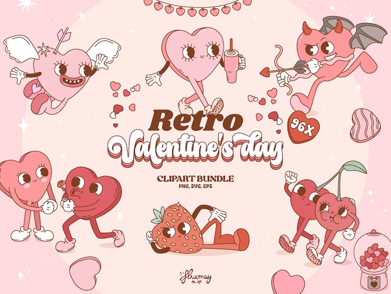 Retro Valentine's Day Clipart Bundle, Groovy Fun Romantic Characters ...