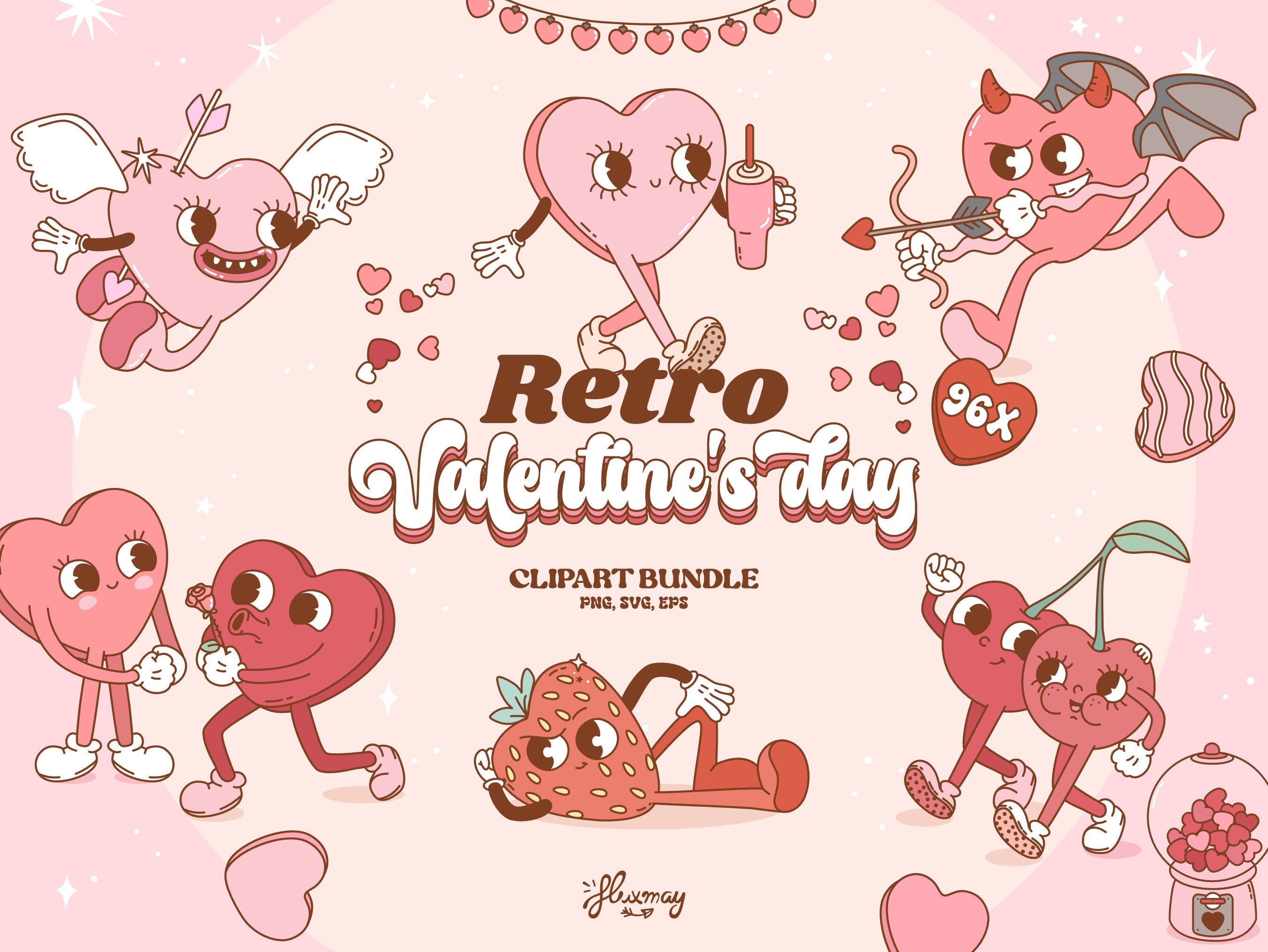 Retro Valentine's Day Clipart Bundle, Groovy Fun Romantic Characters ...
