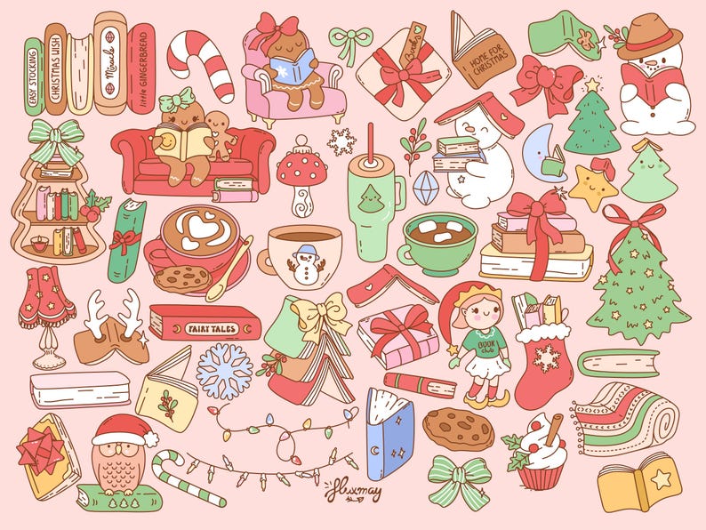 Bookish Christmas Clipart Bundle: Cozy Holiday Library. Files for Book ...
