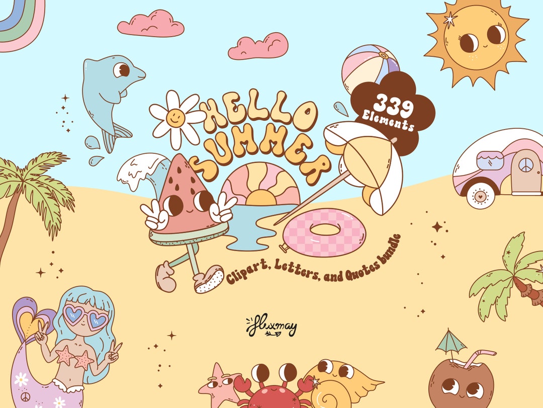 Retro Groovy Summer Vacation Sublimation Clipart Bundle, Positive Vibes ...