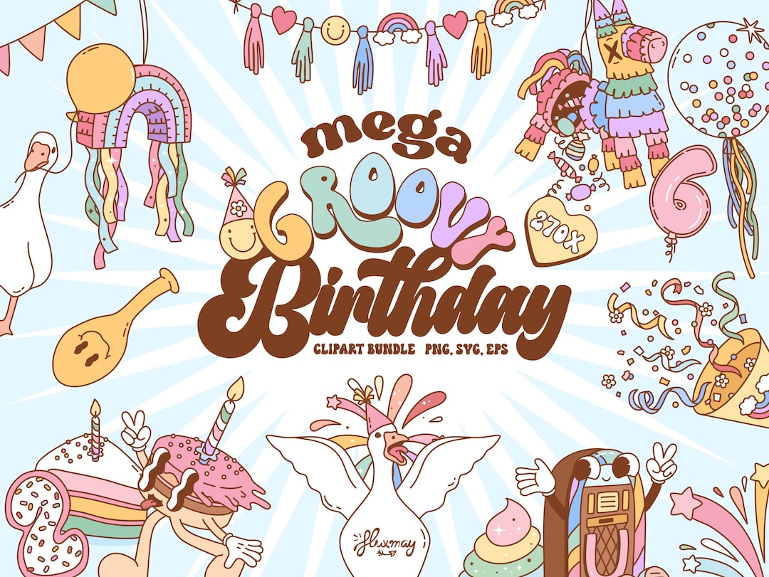 Groovy Birthday Clipart Bundle: Retro Party Designs, Cute Decorations ...