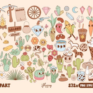 Groovy Western Retro Clipart Bundle, Positive Vibes Vector Set, Cowboys ...