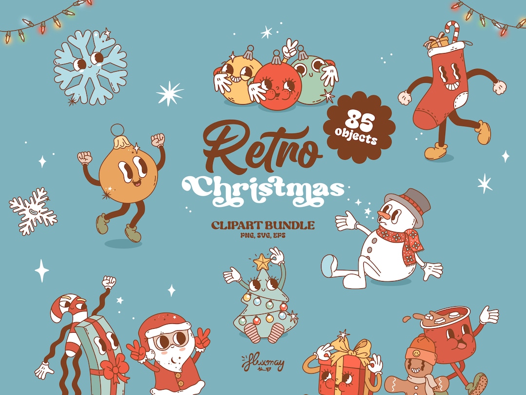 Retro Christmas Clipart Bundle, Groovy Retro Characters, Vector ...