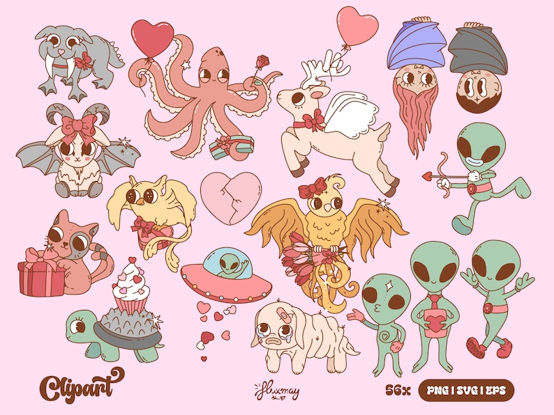 Cute Cryptids on Valentine's Day Clipart Bundle: Kawaii Romantic ...