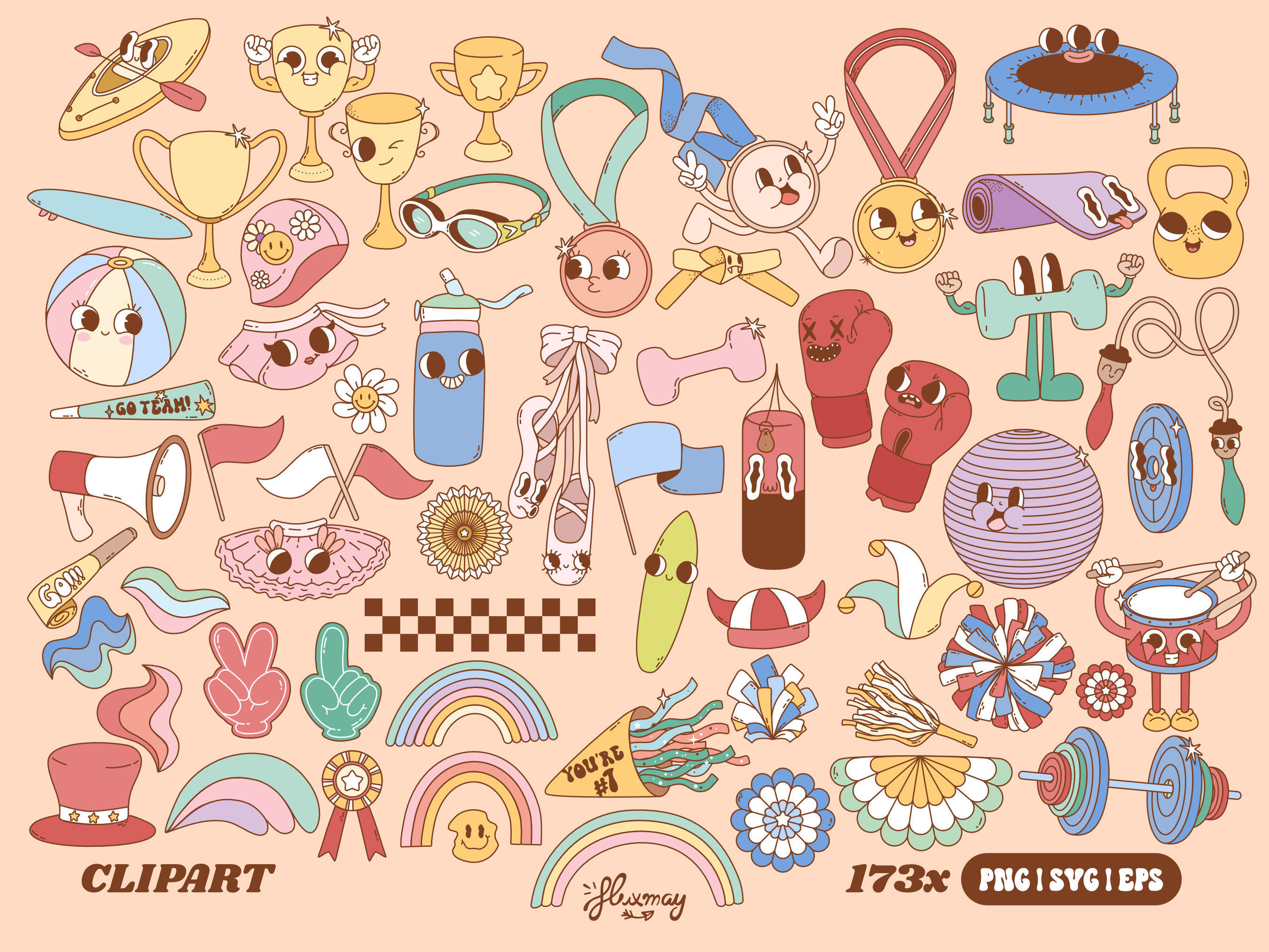 Groovy Retro Sports Clipart Bundle: Mascot Maker (PNG, SVG, EPS) Vector ...