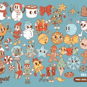 Retro Christmas Clipart Bundle, Groovy Retro Characters, Vector ...