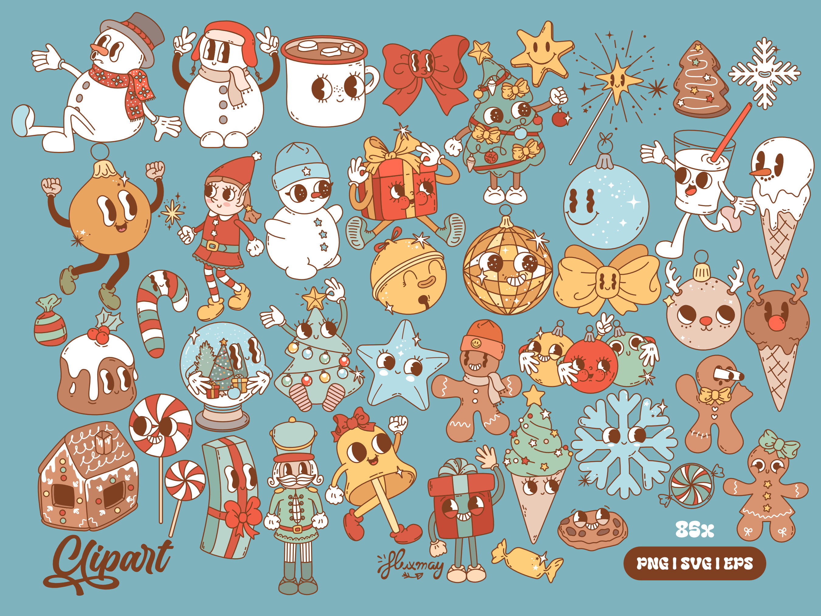Retro Christmas Clipart Bundle, Groovy Retro Characters, Vector ...
