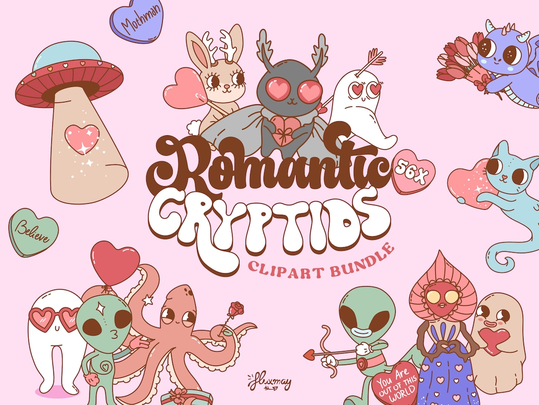Cute Cryptids on Valentine's Day Clipart Bundle: Kawaii Romantic ...