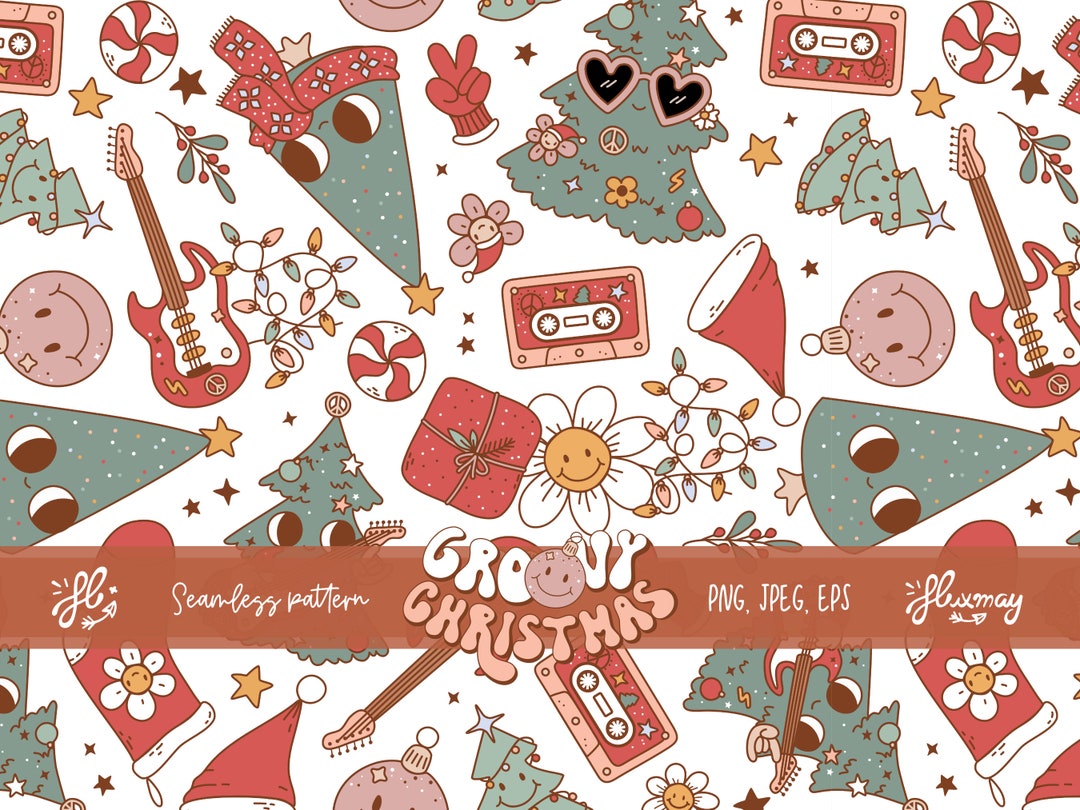 Groovy Retro Christmas Seamless Digital Paper With Funny Trees, Guitars ...