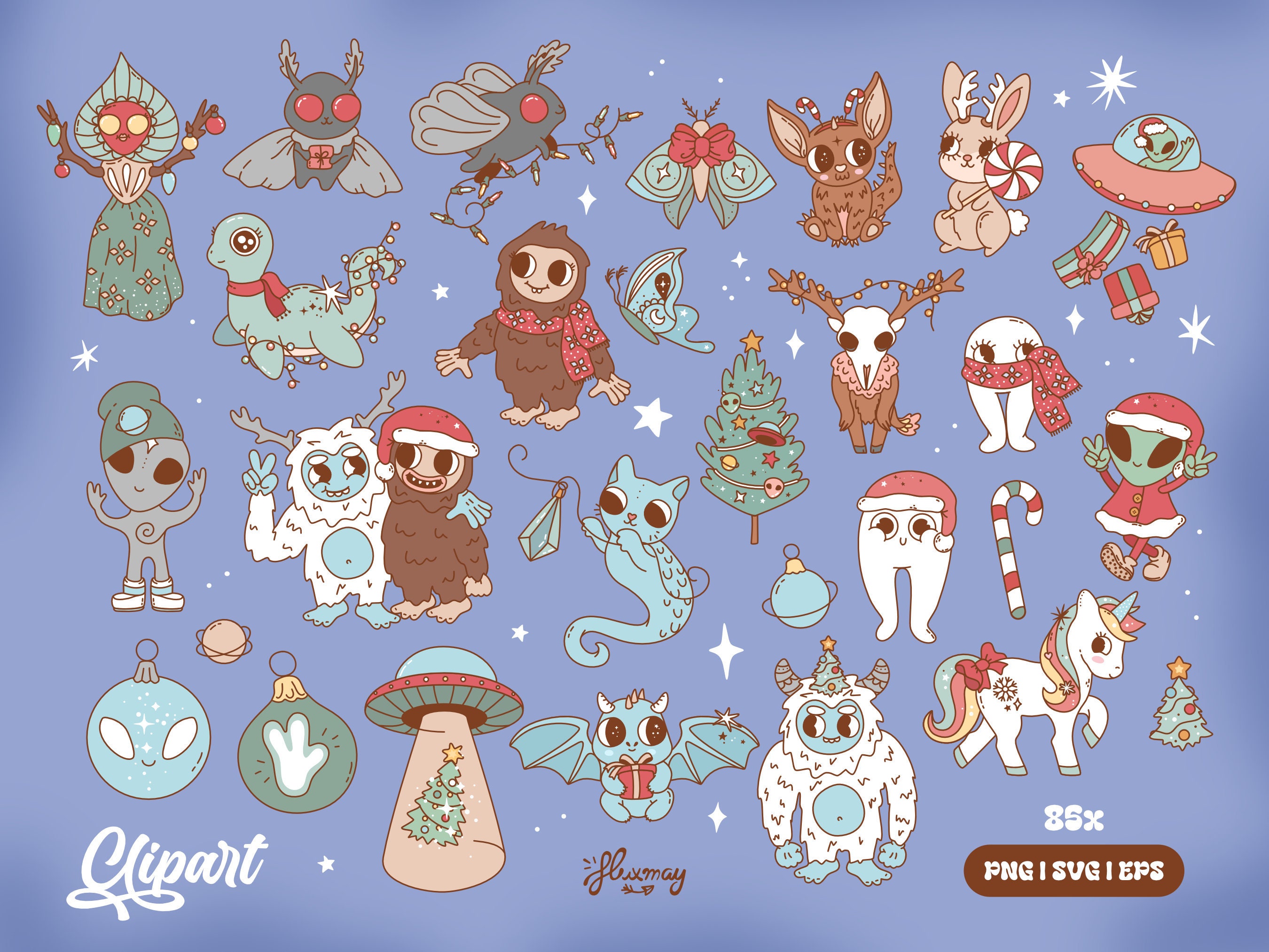 Cute Cryptid Christmas Clipart Bundle, Groovy Retro Characters, Chibi ...