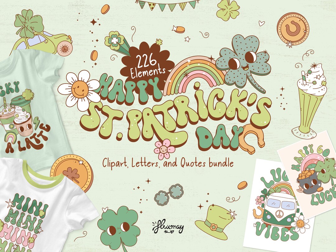 Groovy St. Patrick's Day Clipart Bundle: Retro T-shirt Design (digital ...