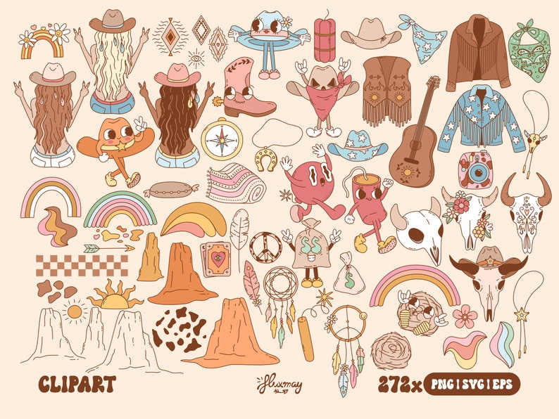 Groovy Western Retro Clipart Bundle, Positive Vibes Vector Set, Cowboys ...