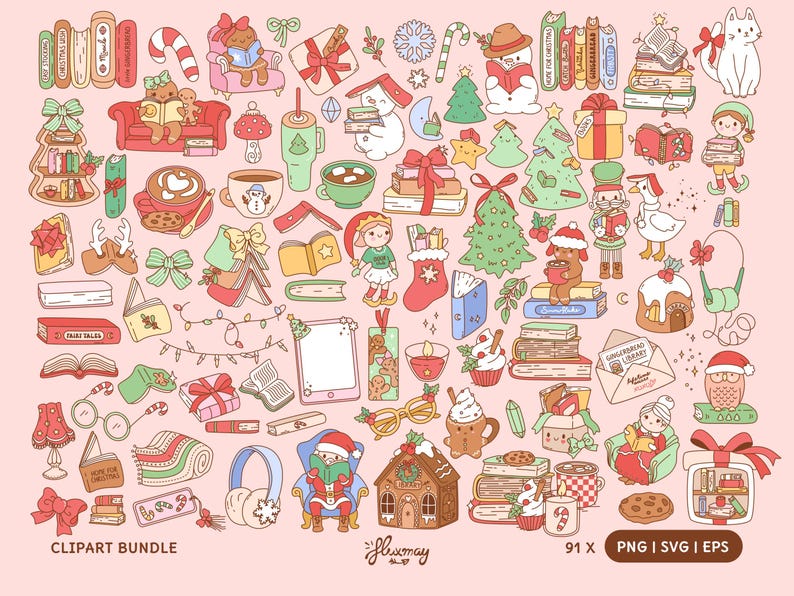 Bookish Christmas Clipart Bundle: Cozy Holiday Library. Files for Book ...