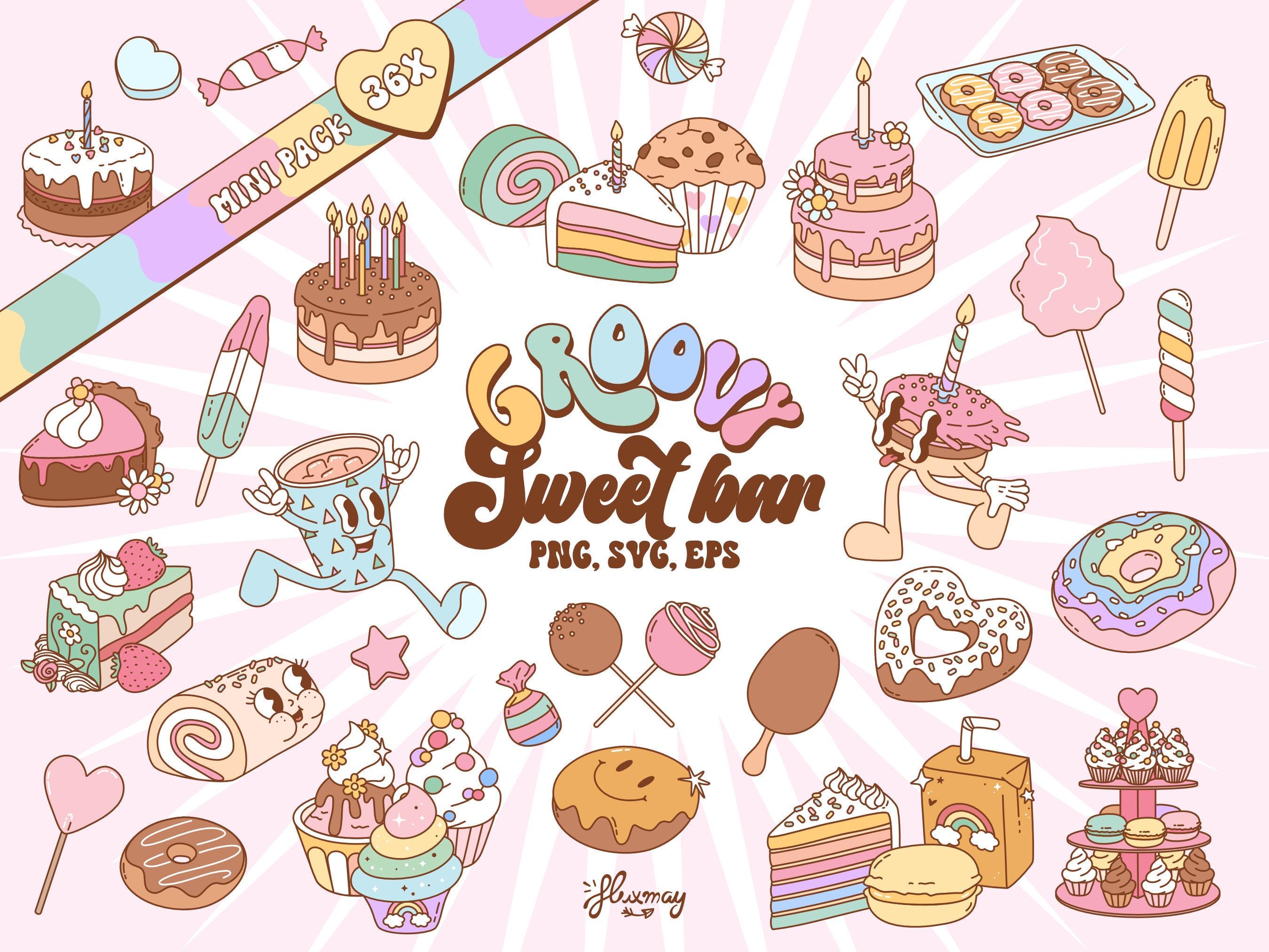 Pastel Sweet Treats Clipart Bundle: Groovy Retro Desserts (PNG, SVG ...