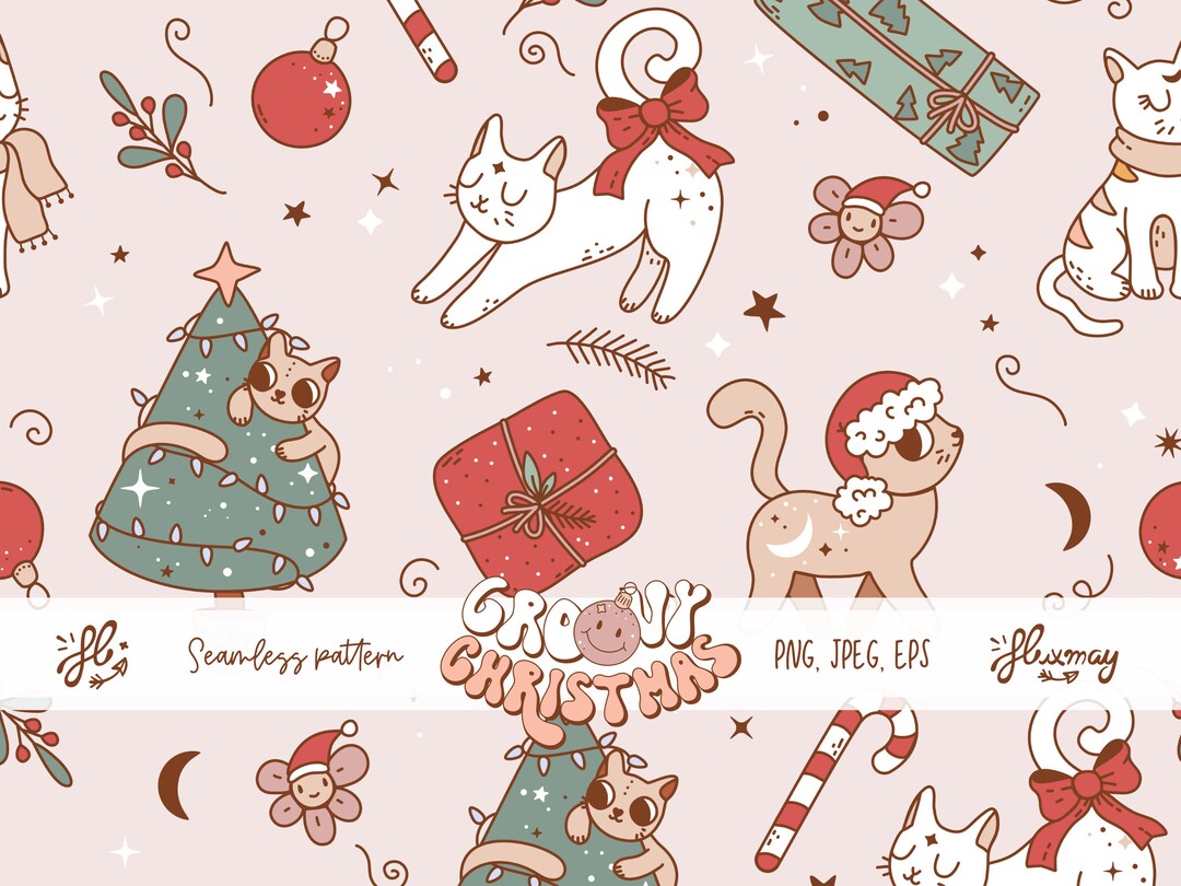 Cute Christmas Cats Fabric Design, Meowy Xmas Repeated Pattern Digital ...