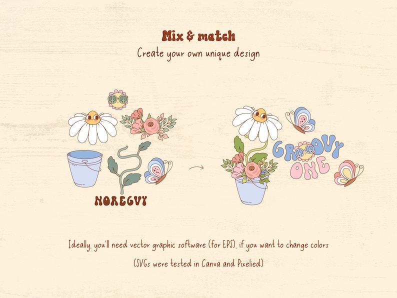 Retro Flower Clipart Bundle: Groovy Hippie Vector Graphics (digital ...