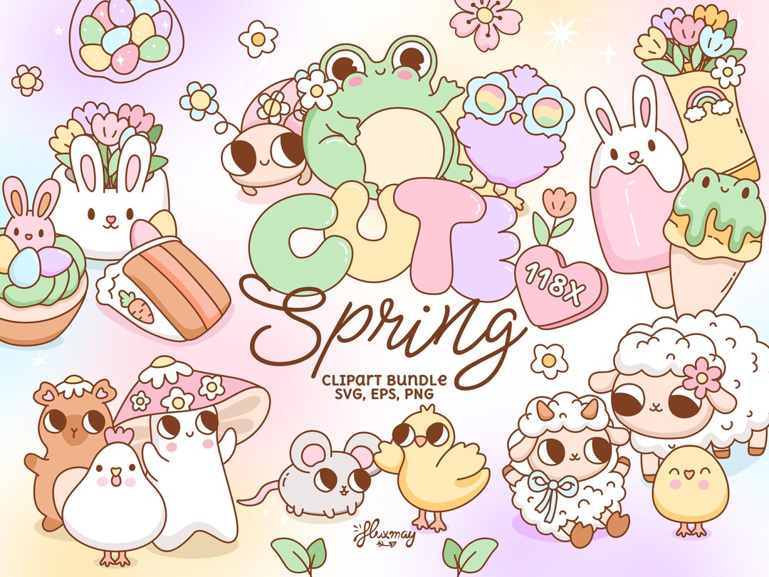 Cute Spring Clipart Bundle: Retro Groovy Easter Graphics - Bunnies ...
