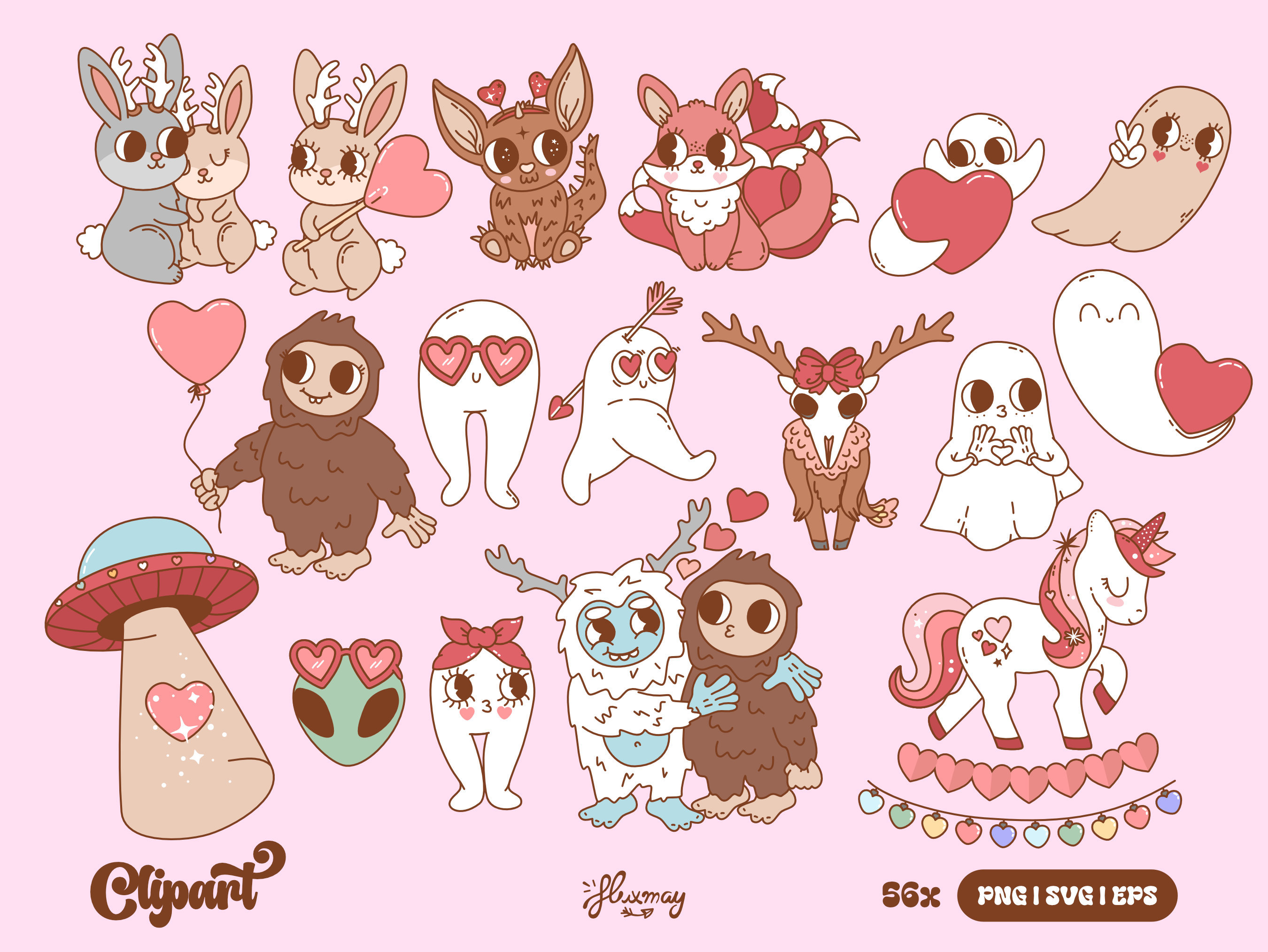 Cute Valentine's Day Cryptids Clipart Bundle, Romantic Groovy Retro ...