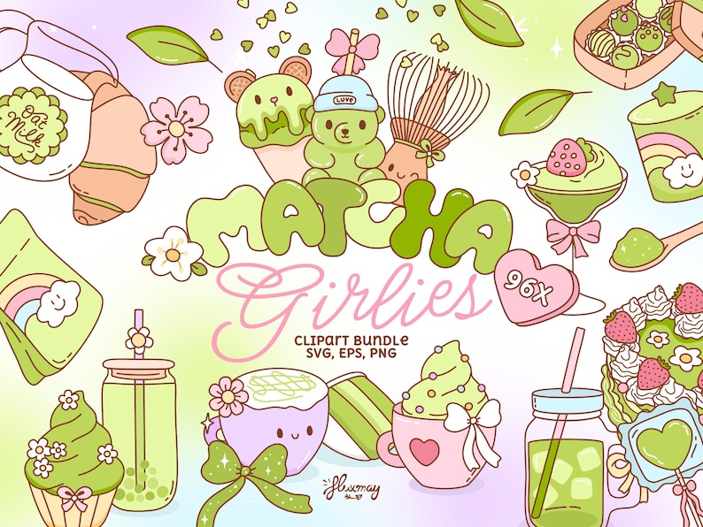 Matcha Girlies Clipart Bundle: Matcha Lovers Clip Art Set, Coquette ...