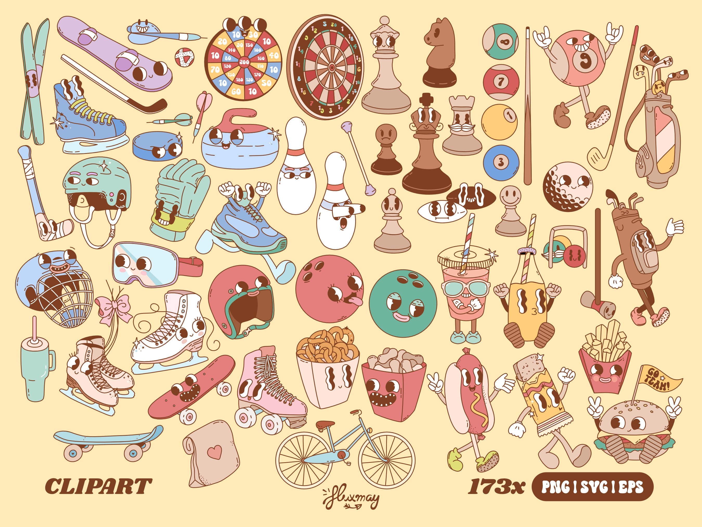 Groovy Retro Sports Clipart Bundle: Mascot Maker (PNG, SVG, EPS) Vector ...