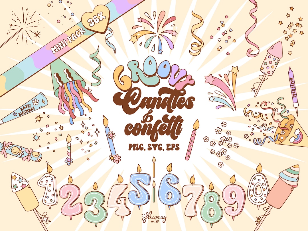 Groovy Birthday Clipart Bundle: Candles & Confetti (PNG, SVG, EPS) - Etsy