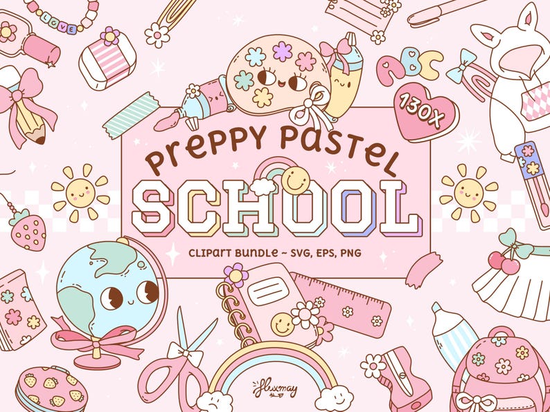 Retro School Supplies Clipart Bundle: Groovy Preppy Graphics (PNG, EPS ...