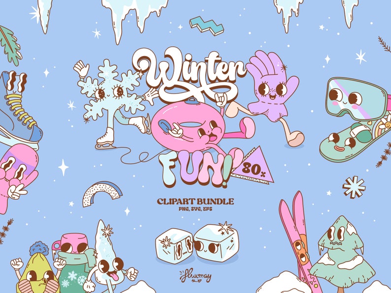 Retro Winter Sports Clipart Bundle, Groovy Retro Characters, Vector ...