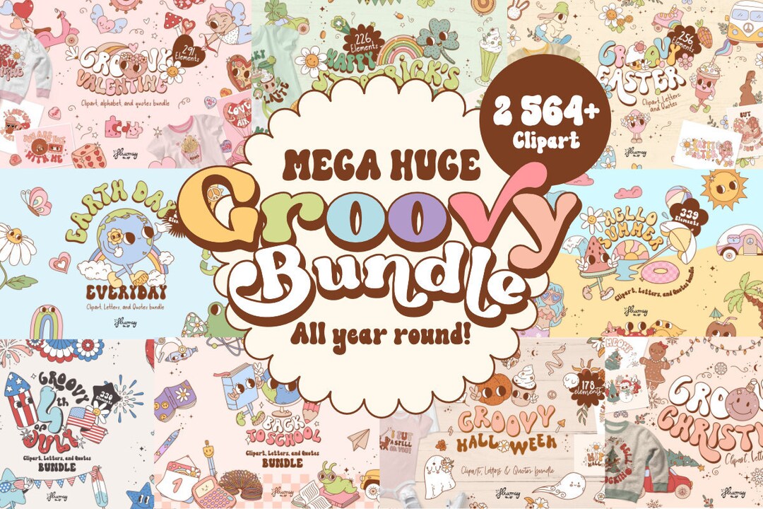 Groovy Retro Huge Clipart Bundle, All Year-round Set, Cute Sublimation ...