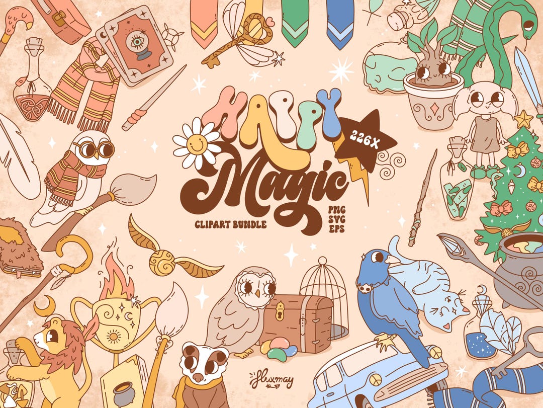 Retro Wizard School Clipart Bundle: Magic House Illustrations, Cute ...