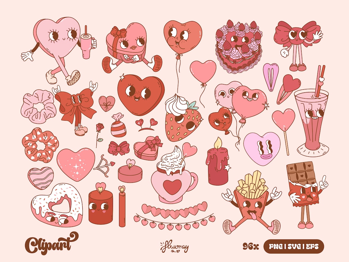 Retro Valentine's Day Clipart Bundle: Groovy Romantic Characters (PNG ...