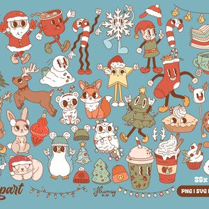 Retro Christmas Clipart Bundle, Groovy Retro Characters, Vector ...