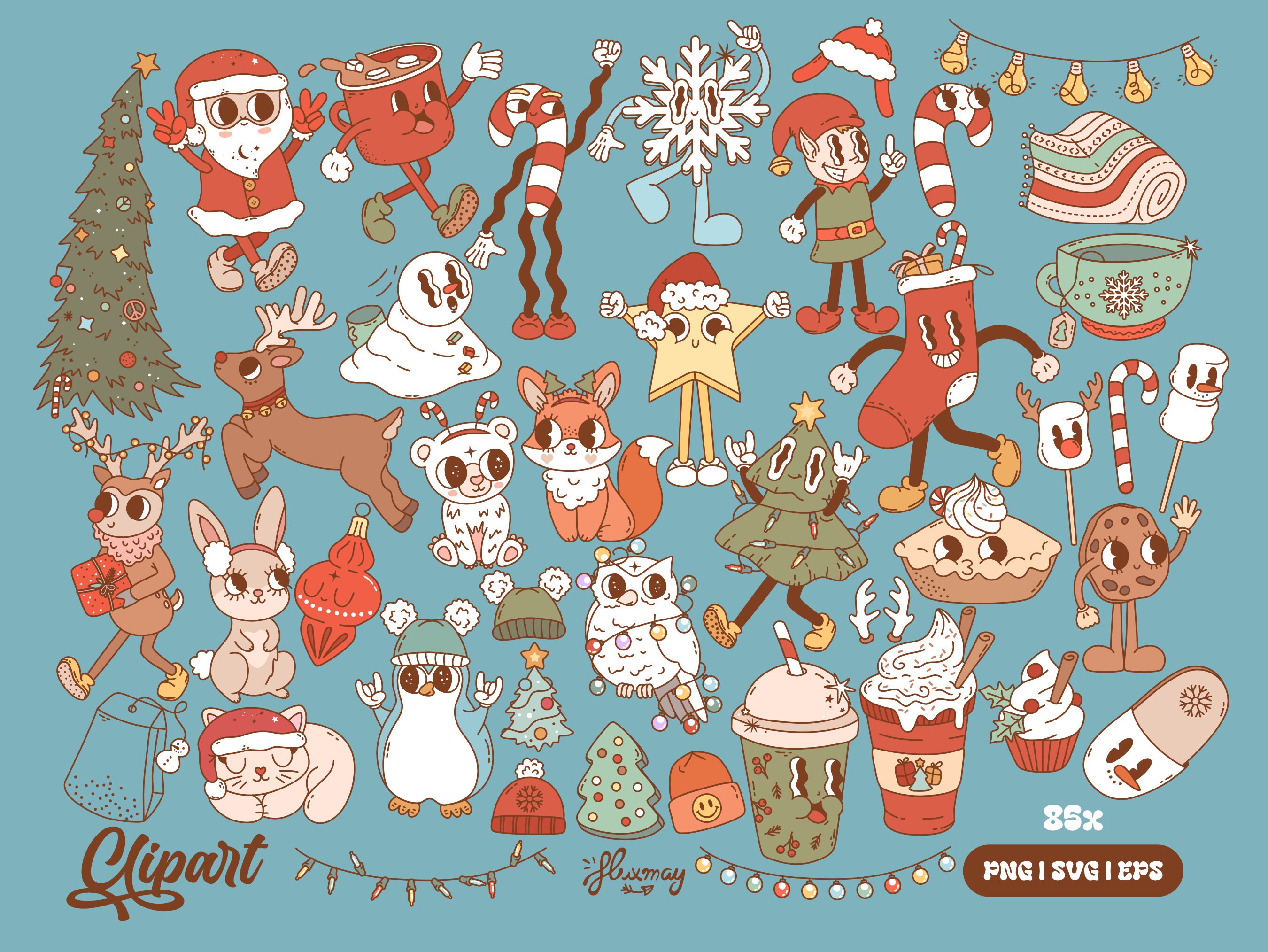 Retro Christmas Clipart Bundle, Groovy Retro Characters, Vector ...