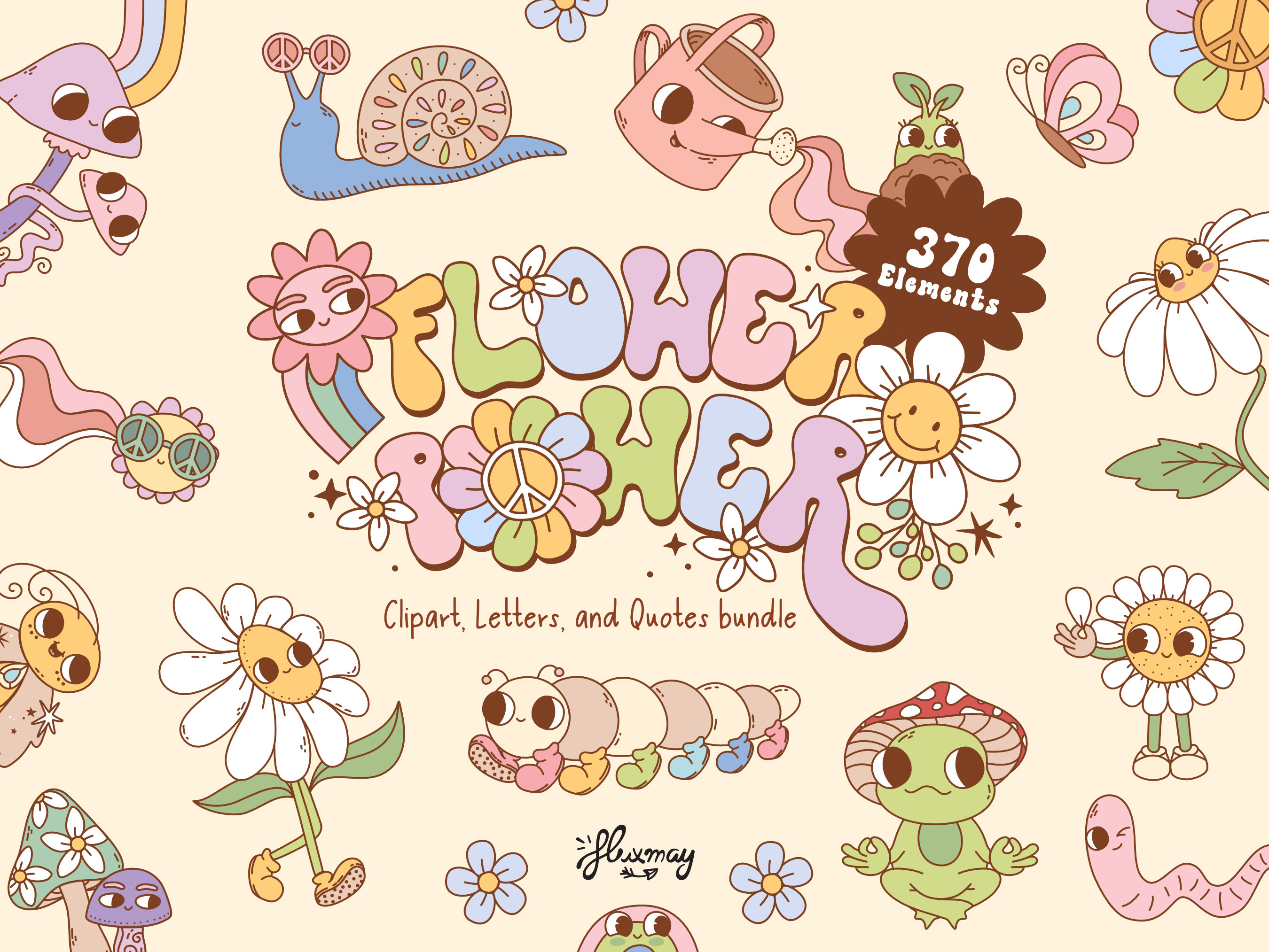 Retro Flower Clipart Bundle: Groovy Hippie Vector Graphics (digital ...