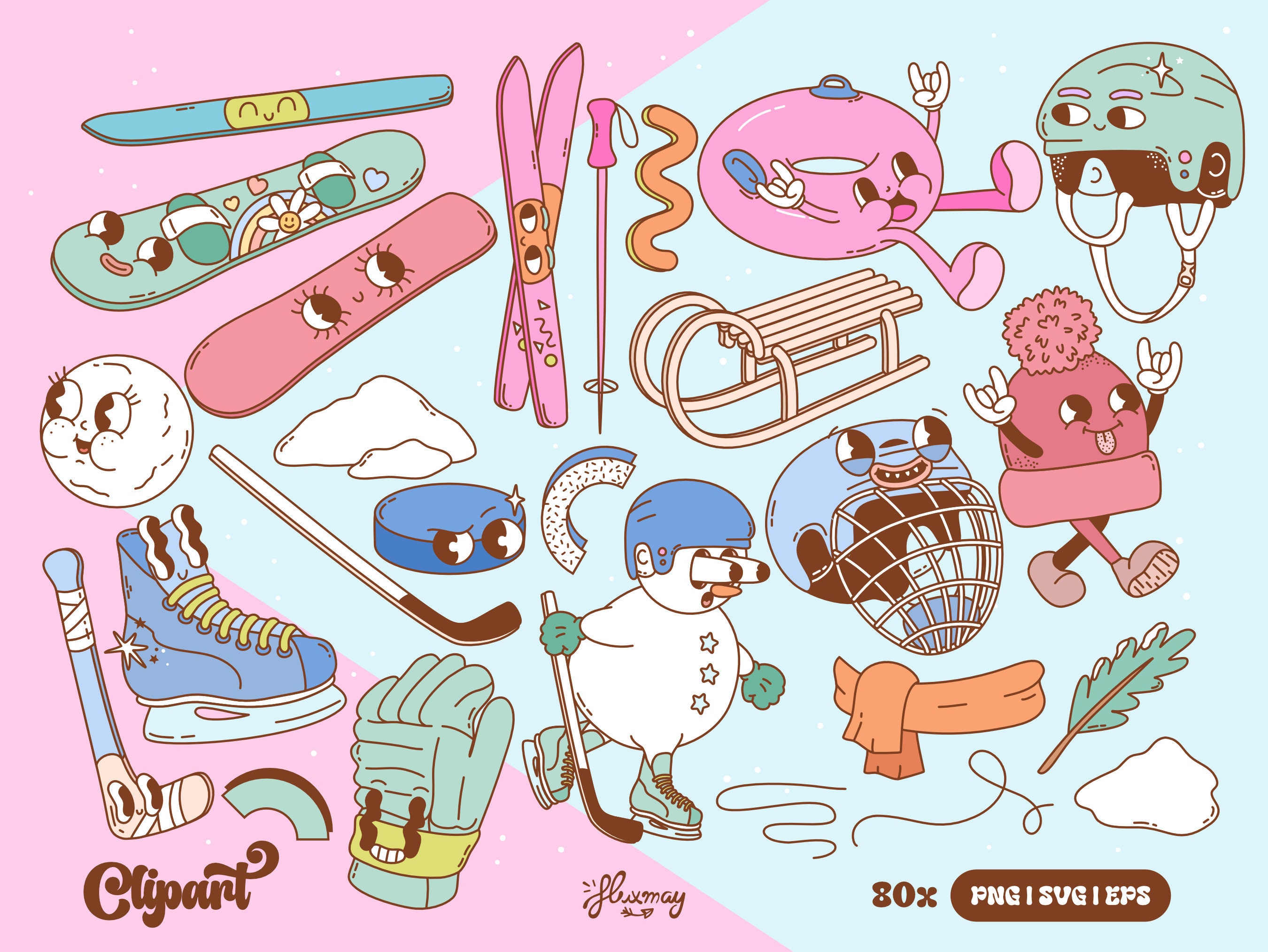 Retro Winter Sports Clipart Bundle, Groovy Retro Characters, Vector ...