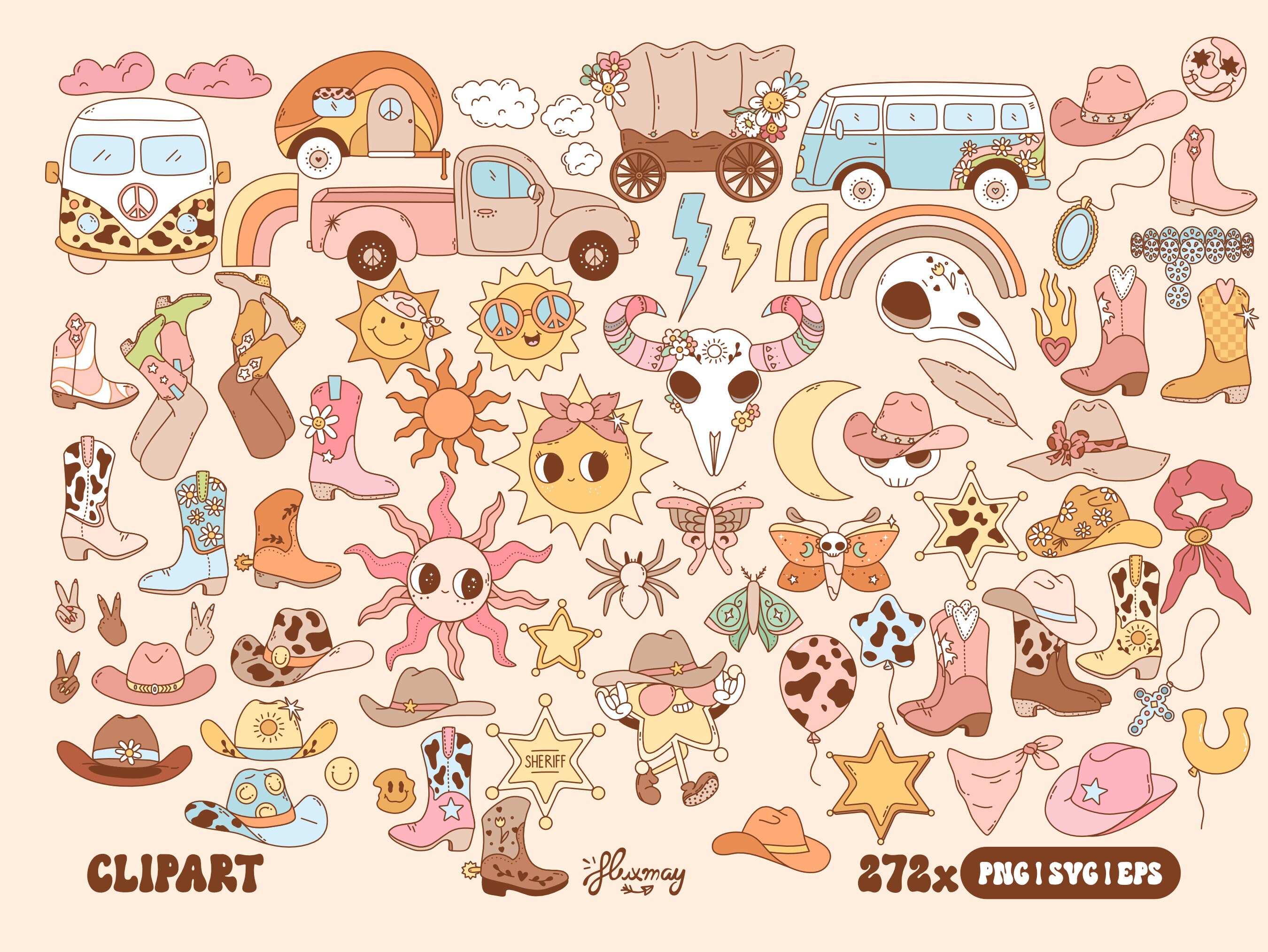 Groovy Western Retro Clipart Bundle, Positive Vibes Vector Set, Cowboys ...