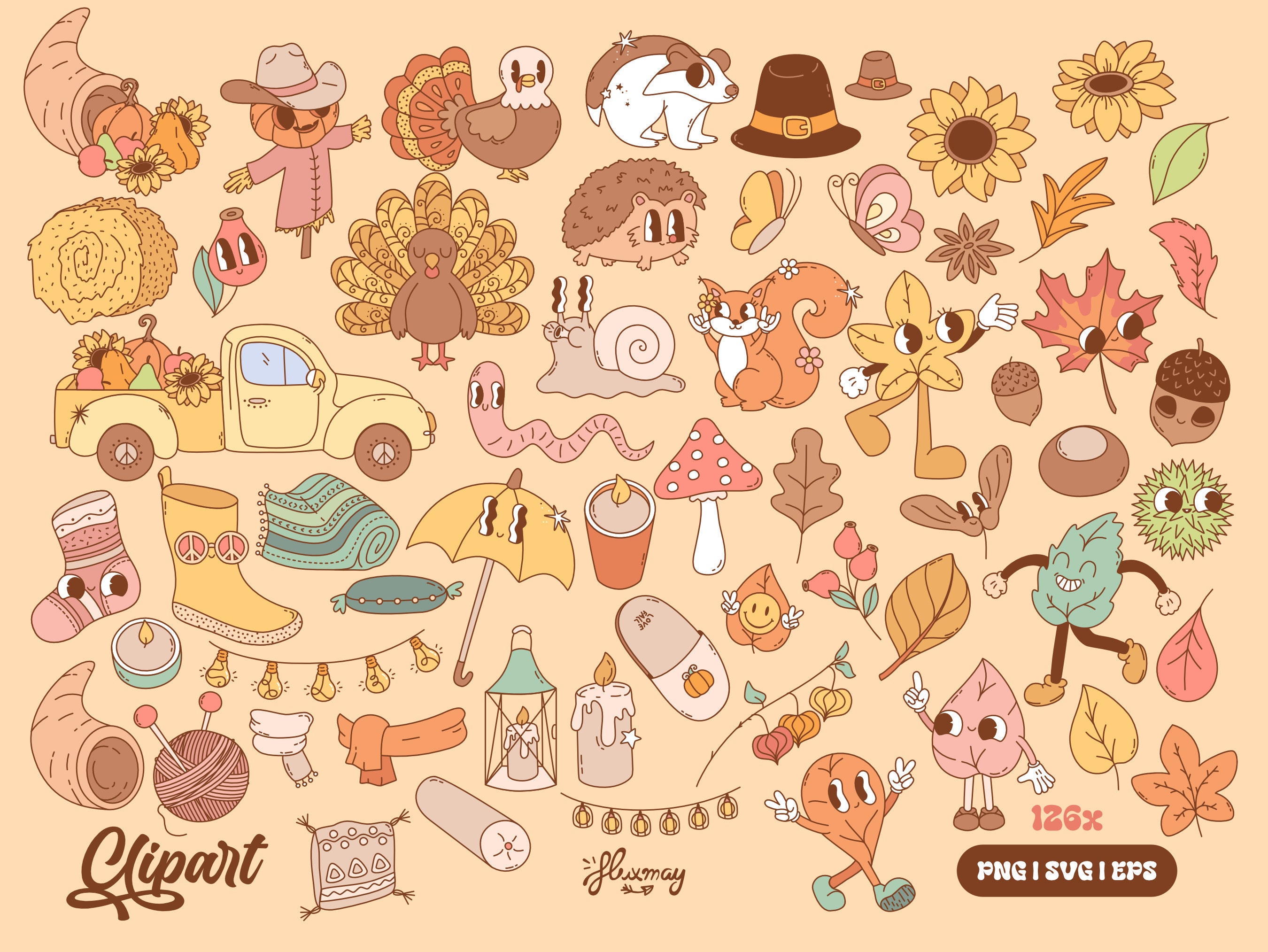 Groovy Retro Thanksgiving Day Clipart Bundle, Groovy Retro Fall ...