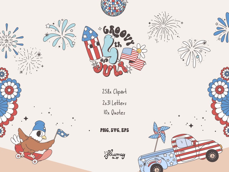 Retro 4th of July Sublimation Clipart Bundle Groovy Fourth of - Etsy