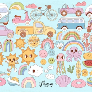 Retro Groovy Summer Vacation Sublimation Clipart Bundle, Positive Vibes ...