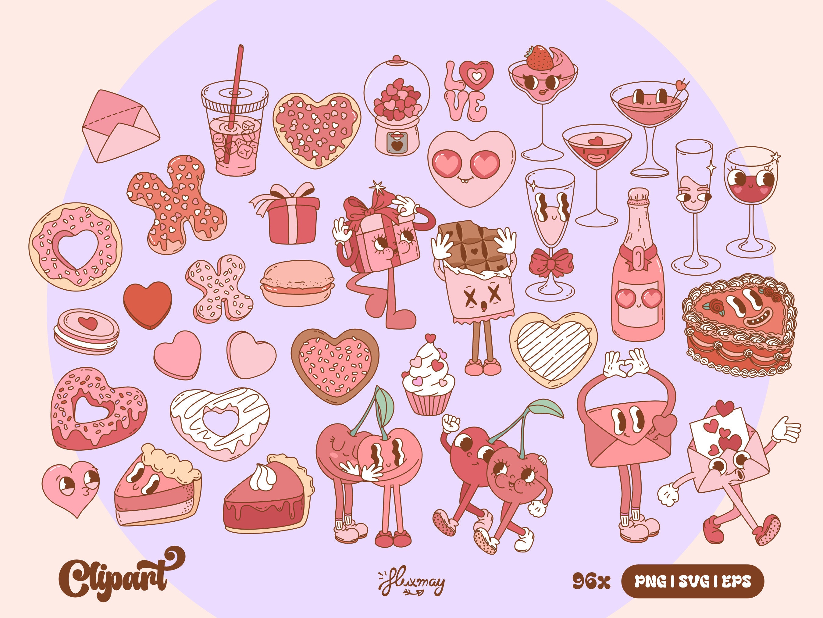 Retro Valentine's Day Clipart Bundle: Groovy Romantic Characters (PNG ...