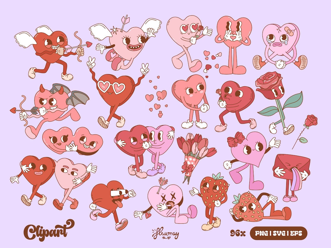 Retro Valentine's Day Clipart Bundle, Groovy Fun Romantic Characters ...