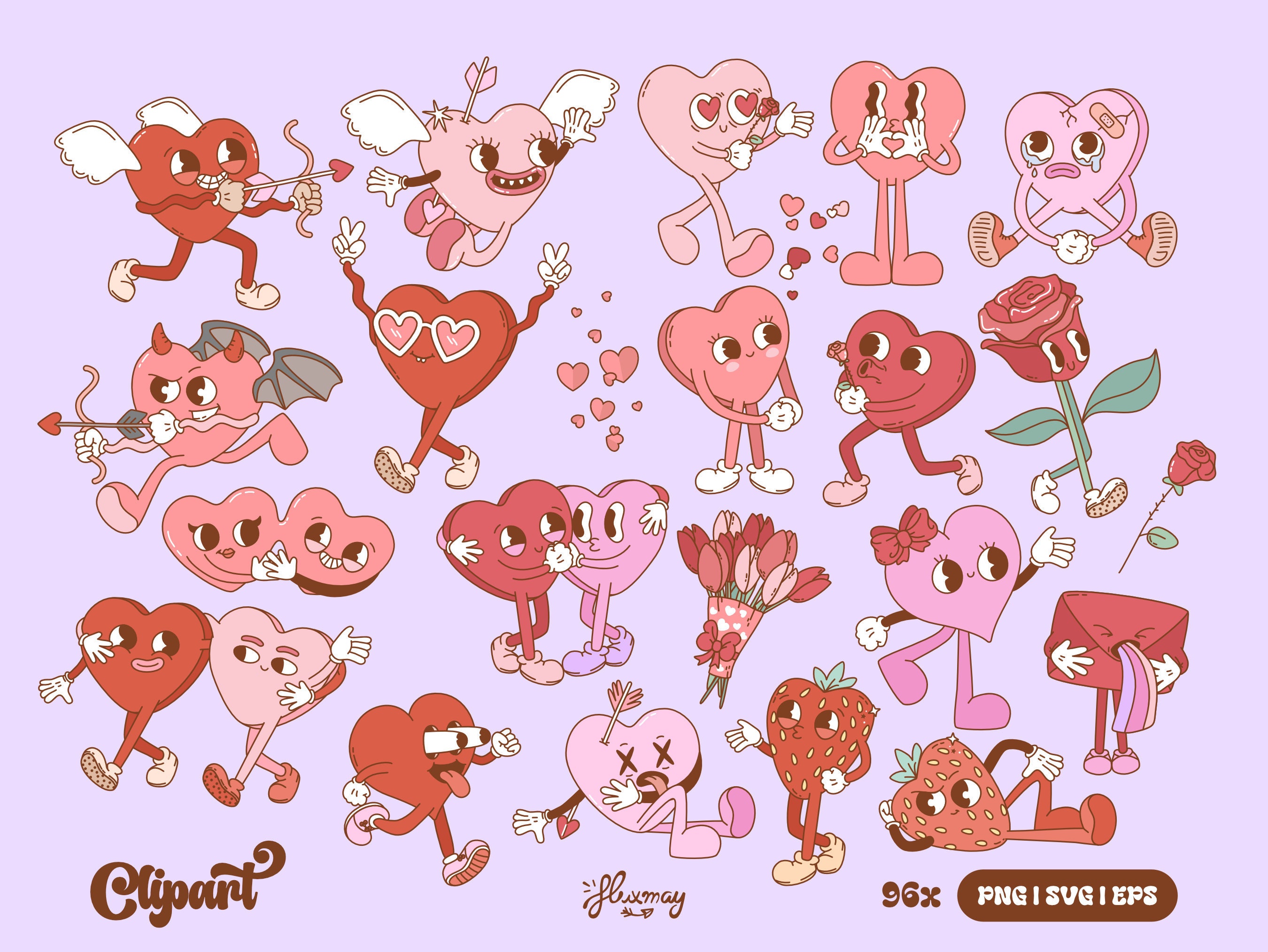 Retro Valentine's Day Clipart Bundle: Groovy Romantic Characters (PNG ...