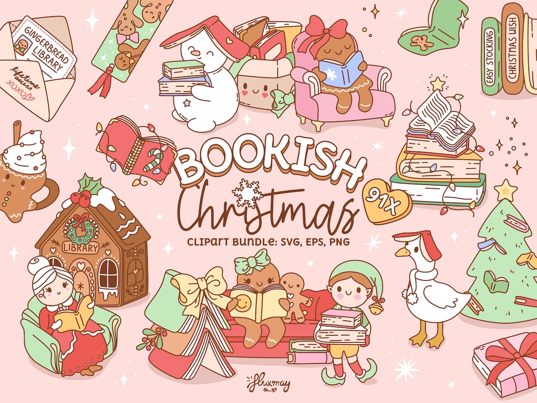 Bookish Christmas Clipart Bundle: Cozy Holiday Library. Files for Book ...