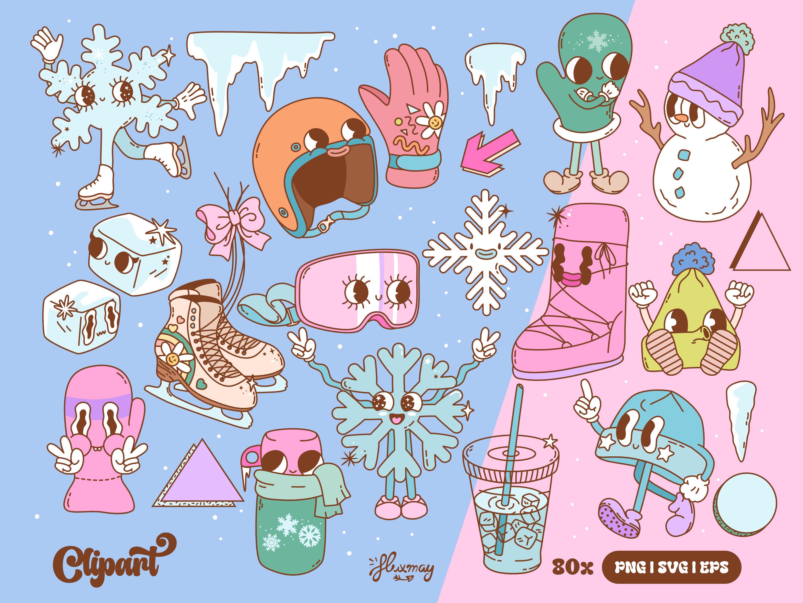 Retro Winter Sports Clipart Bundle, Groovy Retro Characters, Vector ...